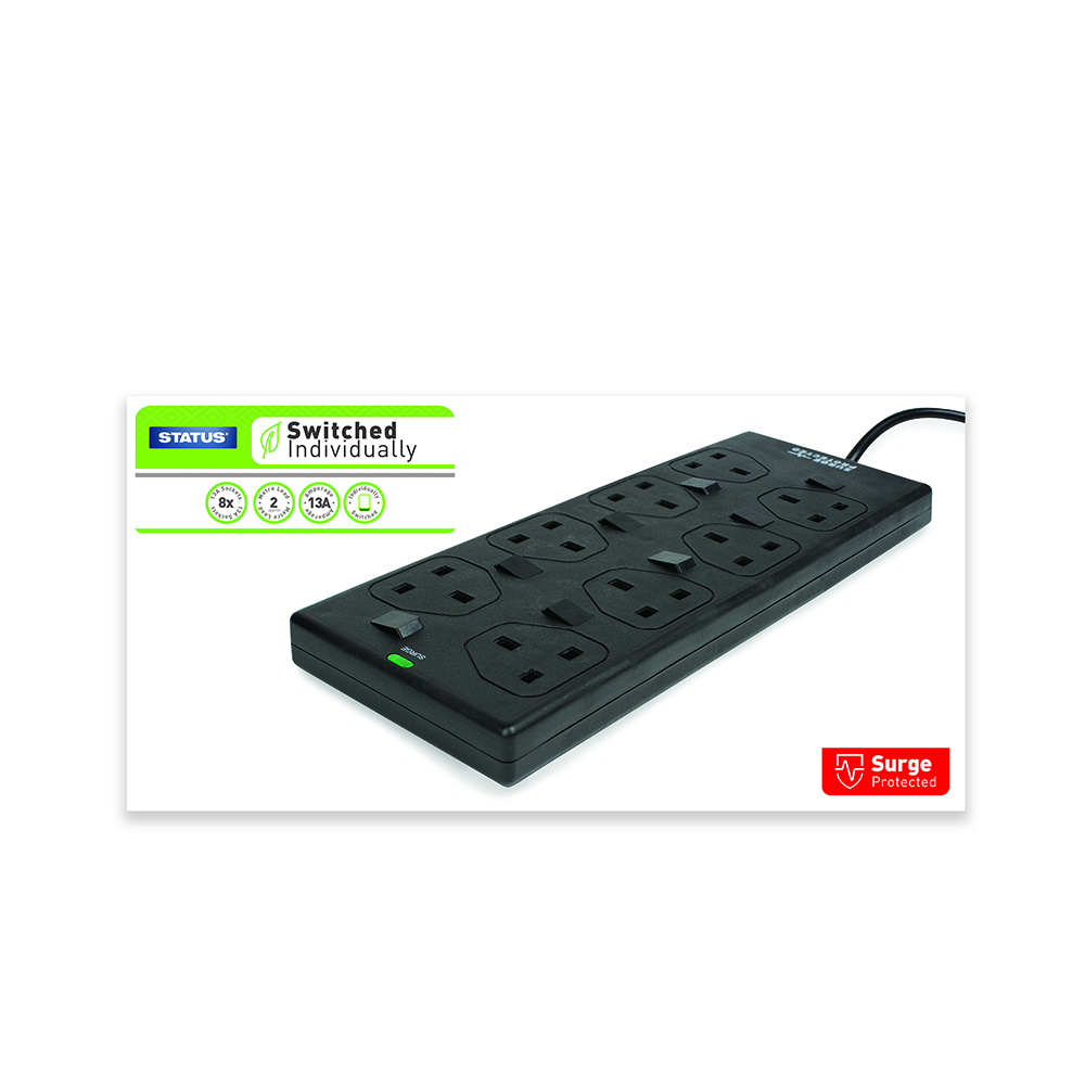 Extension Lead 8G 13A 2M Switch Black STATUS | Bradfield
